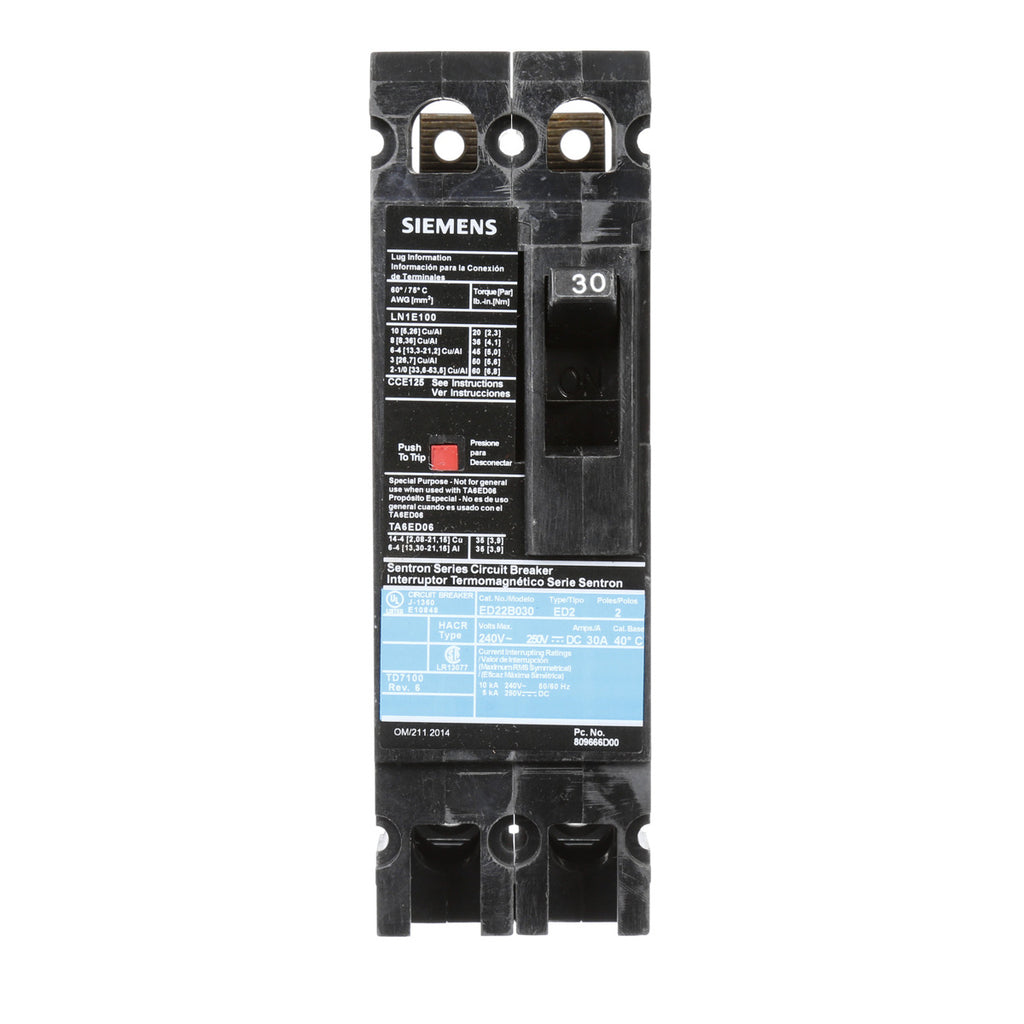 Siemens ED22B030 Low Voltage Sentron Molded Case Circuit Breaker 30A 2 ...