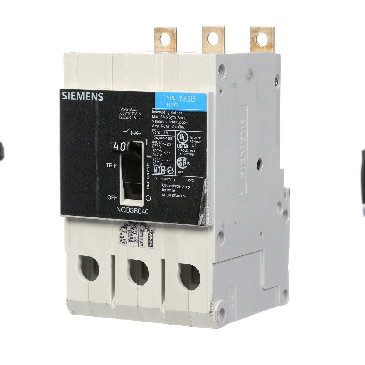 Siemens NGB3B040B LOW VOLTAGE PANELBOARD MOUNT G FRAME CIRCUIT BREAKER ...