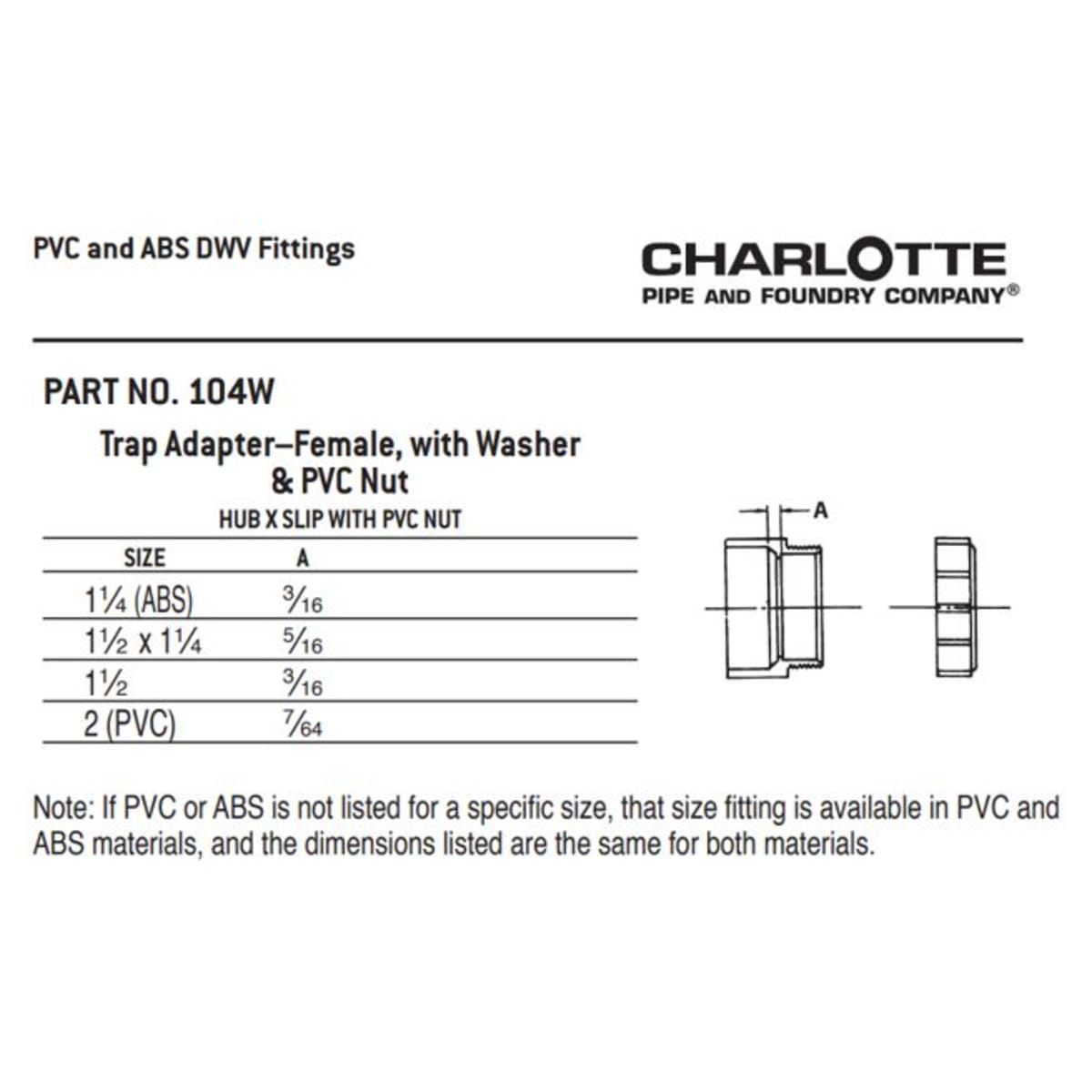 Charlotte Pipe ABSF-150-FTA-A 1-1/2 Trap Adapter (Female) - Hub x MIP ...