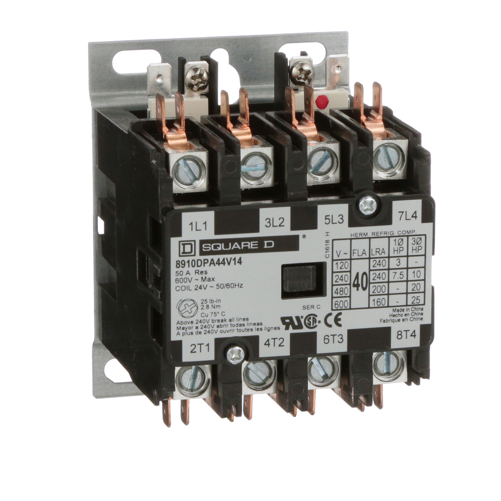 Square D 8910DPA44V14 Non-Reversing Definite Purpose Contactor 40 Amp ...